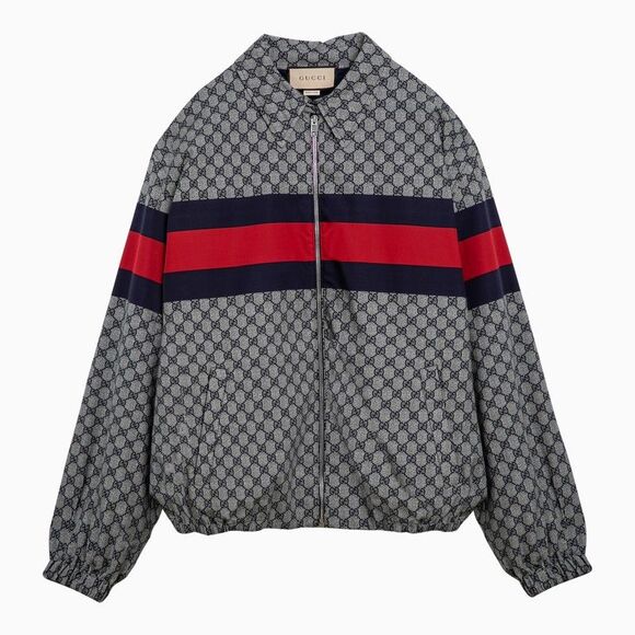 Gucci | Jackets & Coats | Gucci Blue Zip Jacket With Gg Print In Cotton ...